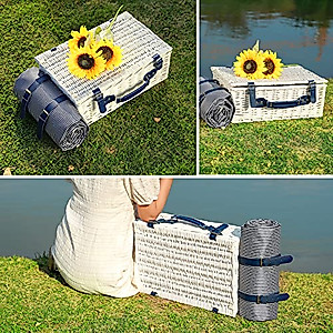 HYBDAMAI Willow Picnic Basket Set for 4 Persons with Waterproof Picnic Blanket, Wicker Picnic Basket for Camping, Outdoors, Valentine's Day, Christmas, Thanksgiving, Birthday