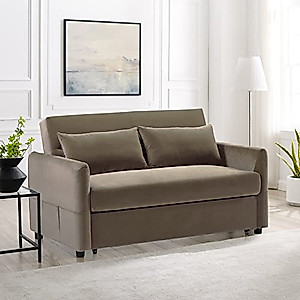 Aoowow Convertible Sleeper Sofa Bed 57 Inches, Velvet 2 Seats Sofa with Pull Out Bed,Loveseat Sofa Couch with Adjustable Backrest, 2 Pillows Side Pocket for Living Room Small Apartment (Light Brown)