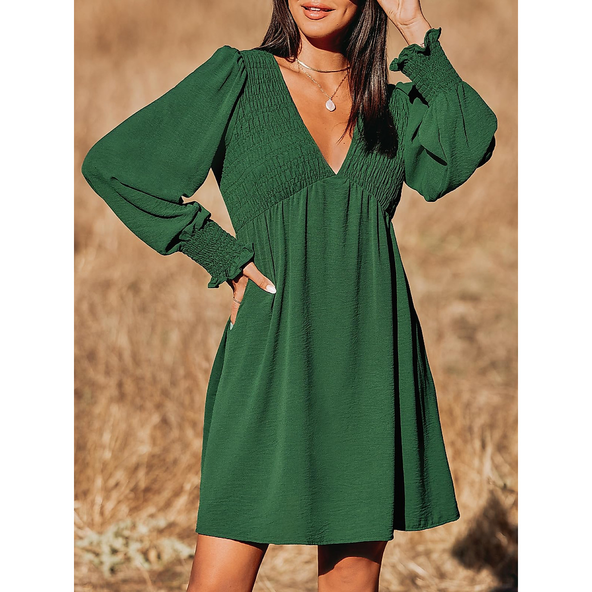 CUPSHE Women's Mini Dress Smocked V Neck Long Sleeve Empire Waist Casual A Line Green Dress