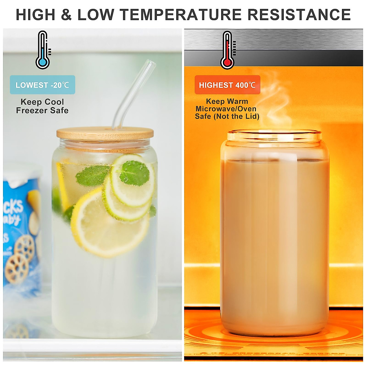 Pouheshi 4pcs Glass Cups with Lids and Straws, 16OZ Beer Can Shaped Drinking Glasses Set, Iced Coffee Cup, Glass Tumbler with 1 Cleaning Brush, Ideal for Cocktail, Whiskey, Tea