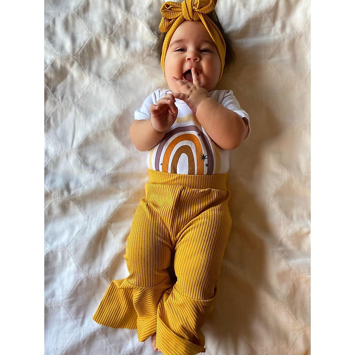 Hiusmilekid Newborn Infant Baby Girl Clothes Set Rainbow Romper Bodysuit Flare Pant Bell-Bottom Summer Outfit 3Pcs