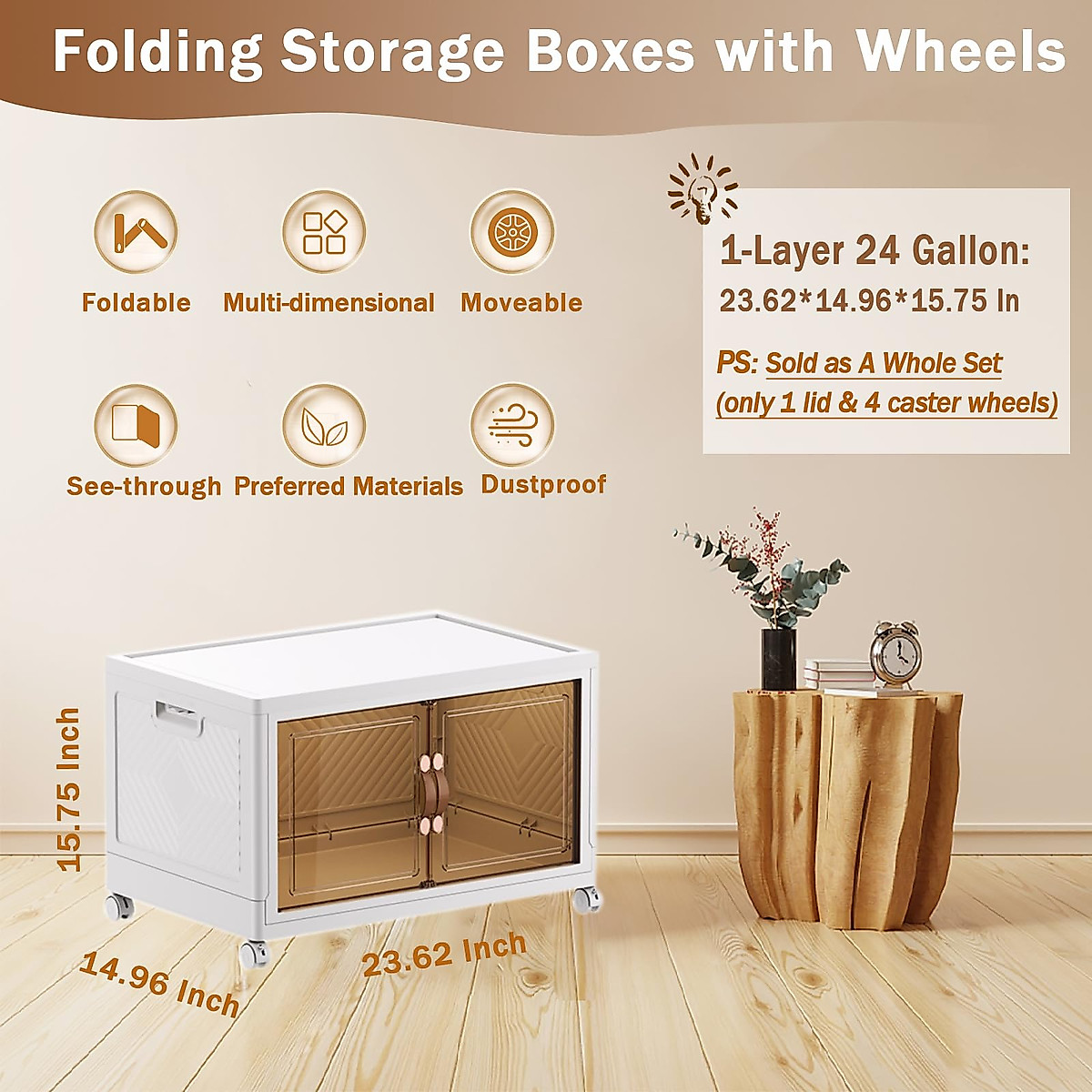 Jacriah Plastic Drawer Storage Bins with Lid, Stackable Storage Bins Open Front, Closet Organizers and Storage Cabinet with Doors and Shelves, Collapsible Storage Bins with Wheels (1 Layer-24 Gallon)