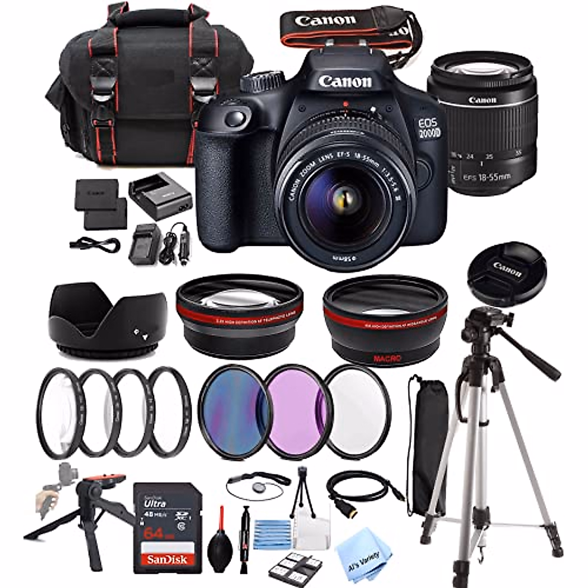 2000d (Rebel T7) DSLR Camera w/EF-S 18-55mm Zoom Lens + Al’s Variety Accessories Includes: 64GB Memory + Wide & Telephoto Threaded Lenses + Case + Tripod + Grip Pod + More (37pc Bundle)