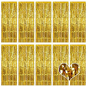 10 Pack Gold Backdrop Curtain 3.2ft x 8.2ft Metallic Tinsel Foil Fringe Curtains Photo Booth Background for Birthday Party Decoration Baby Shower Engagement Wedding Christmas Decoration (Gold)