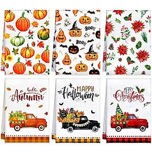 6 Set Holiday Kitchen Towels for Halloween Fall Christmas Decorative Dishtowels,Halloween Hand Towels Absorbent Dishcloths Autumn Tea Towels Wash Cloths for Thanksgiving Christmas Kitchen Decor