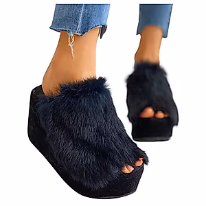 Padaleks Women's Wedge Platform Slide on Sandals Peep Toe Faux Fur Suede Winter Slippers Indoor & Outdoor Shoes