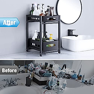 LEPO Under Sink Organizer and Storage, 2 Tier Pull Out Drawer Organizer for Kitchen Cabinets, Stainless Steel Under Sink Organizers with Sliding Basket, Double Under Sink Storage Shelf for Bathroom