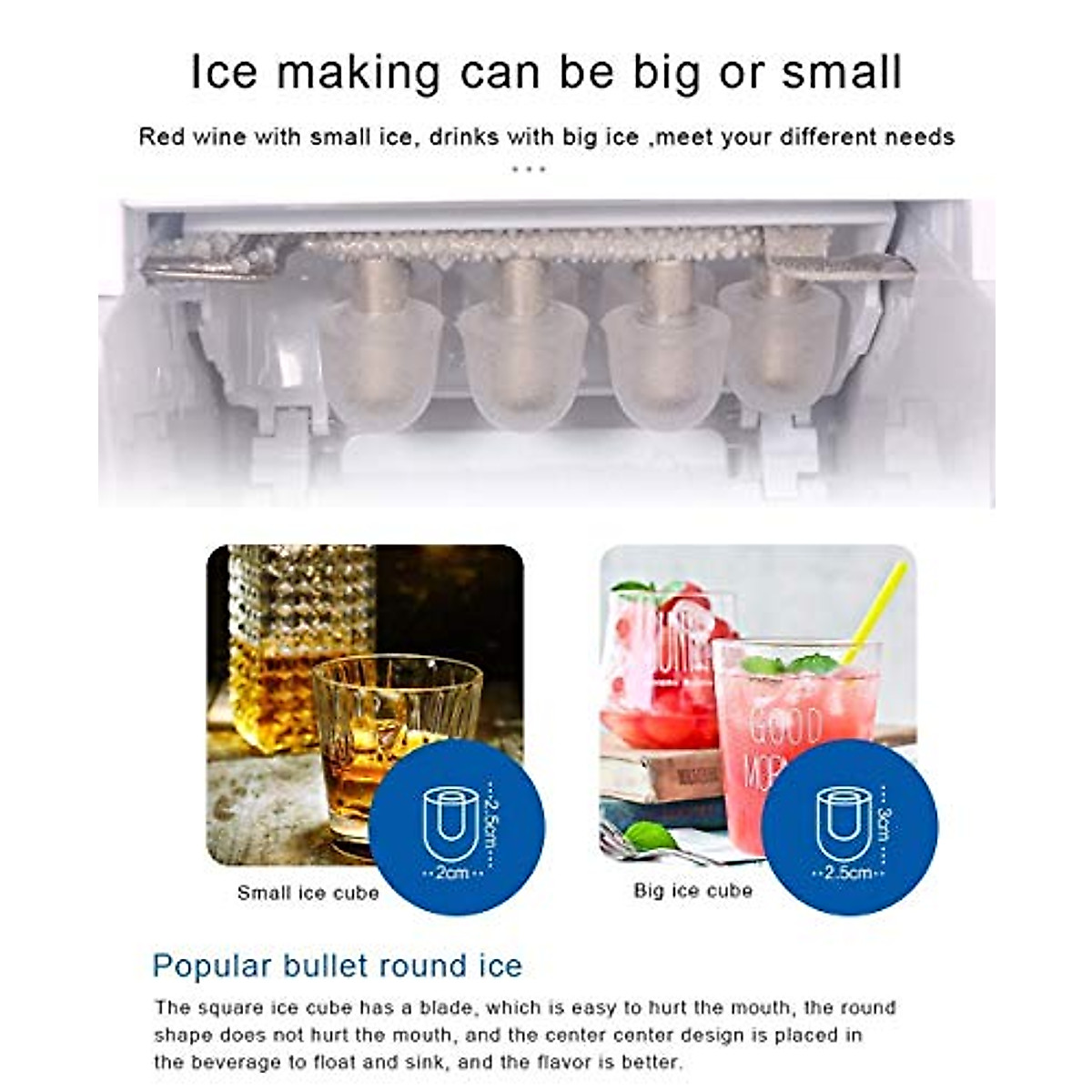 Ice Cube Makers, Mini Automatic Ice Maker, Electric Bullet Round Block Ice Cube Making Machine 15kgs/24H Small Bar Milk Tea Coffee Shop