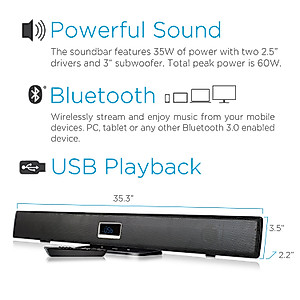 Ematic ESB210 Ultra-Slim 2.1 Channel Wireless Soundbar with Bluetooth and LED Display (Black)