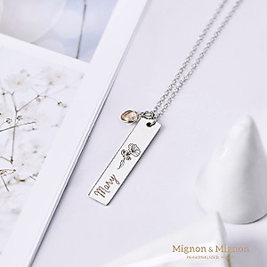 MignonandMignon Flower Birthstone Gold Name Graduation Necklace 2021 Personalized Gift for Her Bar Necklace Mothers Day Gift Floral Jewelry Personalized Jewelry - 8N-FLBS-G
