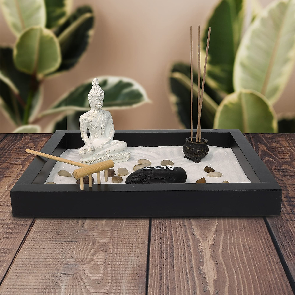 Japanese Mini Zen Garden Sand Box Kit with Incense Holder and White Miniature Buddha Statue - Zen Decor for Relaxation and Meditation - Home Decor, Office Accessory, Gift Set