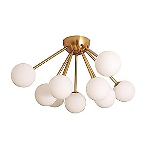 BAODEN Large 9 Lights Modern Globe Semi Flush Mount Ceiling Light Mid Century Sputnik Chandeliers with White Globe Glass Lampshade Brushed Brass Elegant Light Fixture for Living Room Lighting(Gold)