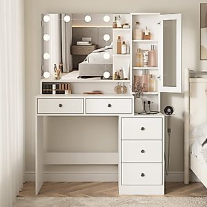 Fameill White Makeup Vanity Desk with Mirror and Lights,Vanity Table with Power Strip and Lighted Mirror,Large Makeup Table with 5 Drawers Lots Storage,3 Lighting Modes,39.4inch(L)