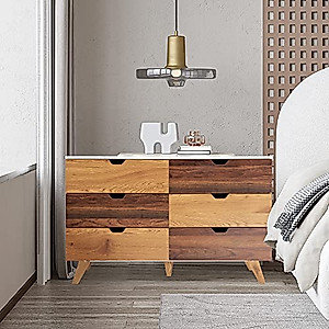 EazeHome 6 Drawer Dresser, Mid-Century Modern Dresser with Wide Double Drawer, 6 Chest of Drawers Wood Storage Cabinet for Bedroom, Living Room, Entryway