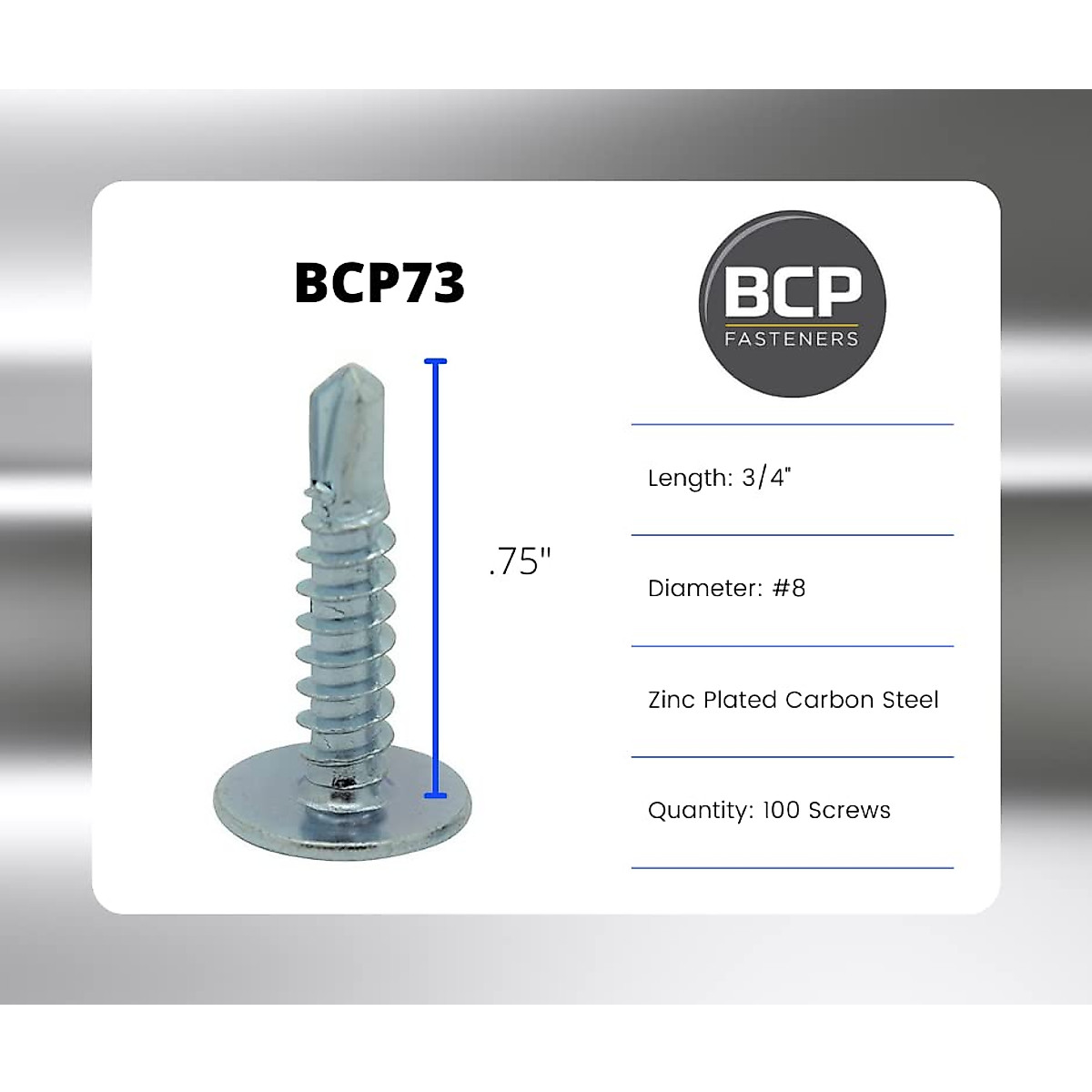 100 Qty #8 x 3/4" Zinc Wafer Modified Truss Head TEK Self Drilling Sheet Metal Screws (BCP73)
