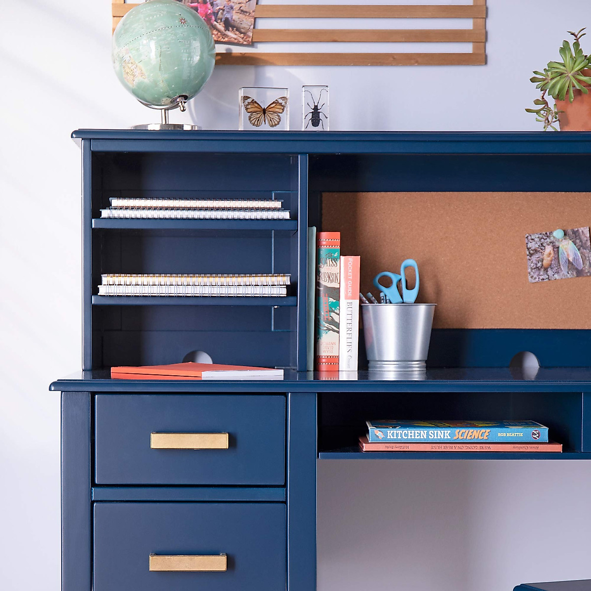 Guidecraft Taiga Desk, Hutch and Chair - Navy: Children’s Wooden Study Computer Workstation, Kids Bedroom Furniture