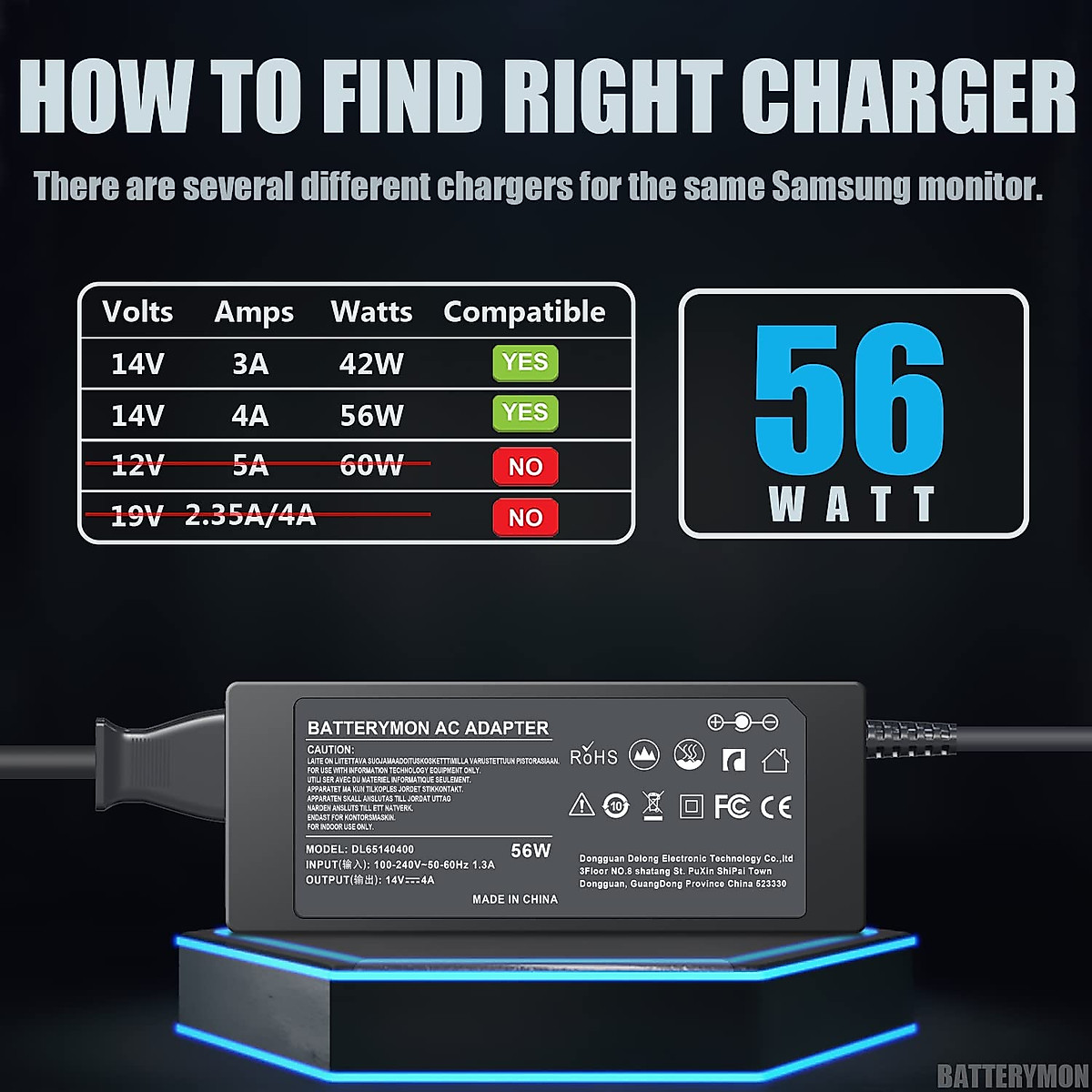 14V 4A Power Supply for Samsung SyncMaster P2770 S22C300H C27F398 C27F591 S24D300 S22E310 S27E310 S27B550 S20A350B S22F350F S22B150N S24D332H S27B350 UN22F5000 19" 20" 22" 23" 24" 27" LED Monitor Cord
