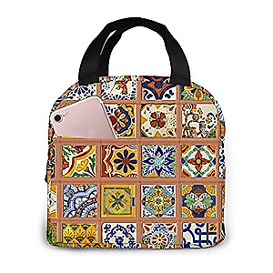TTLIVEVIP Yellow Lunch Bag for Women, Insulated Lunch Box Reusable Lunch Cooler Tote Bag Thermal Lunchbag for School Picnic Work, Mexican Tiles