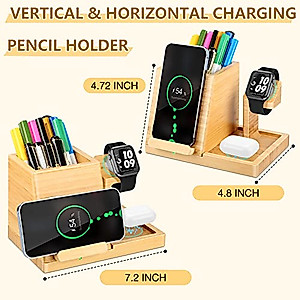 Bamboo Wireless Charging Station 3 in 1 Charging Dock with Pen Cup, OthoKing Fast Wireless Charger Stand Pencil Holder Compatible with iPhone 14/13/12 Pro Max, AirPods,iWatch(No Watch Charging Cable)