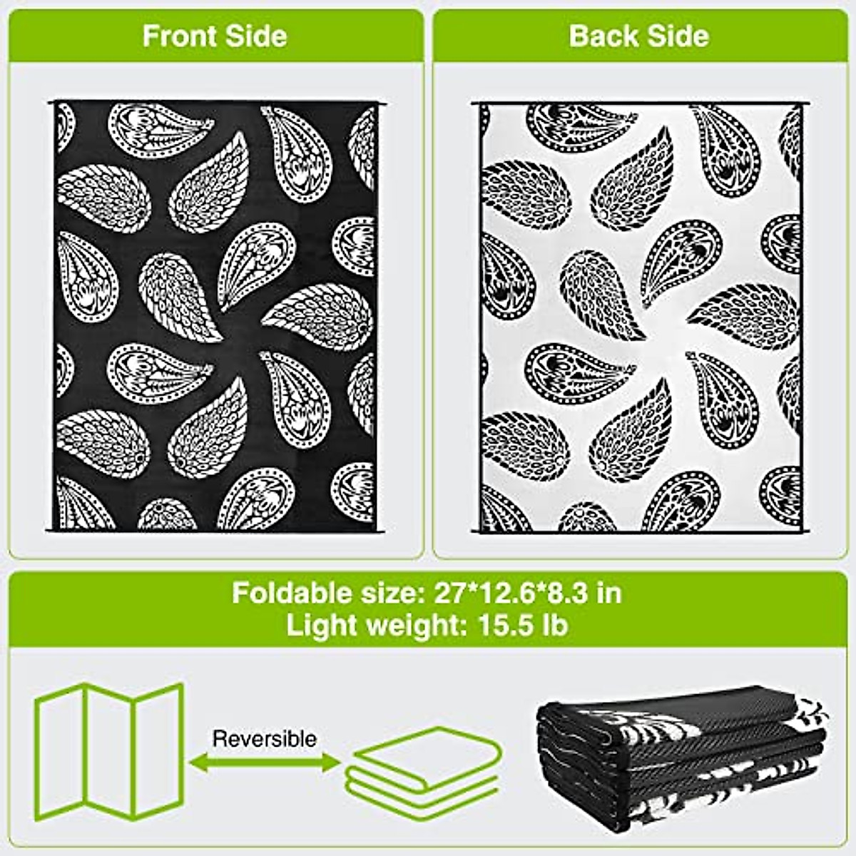 ONME Outdoor Rug RV Mat Recycled 9x12FT Reversible Mats with 8 Corner Loops for Outdoors, Patio, Backyard, Deck, Picnic, Beach, 8 Stakes and Carry Bag Included (Black and White Paisley)