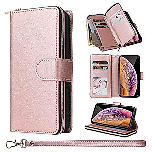 ZCDAYE Wallet Case for iPhone X Xs,Premium[Magnetic Closure][Zipper Pocket] Folio PU Leather Flip Case Cover with 9 Card Slots Kickstand for iPhone X/Xs 5.8"-Rose Gold