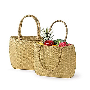 GAIAMADE Set of 2 Seagrass Market Basket Bag, Grocery Bag, Straw Tote Bag, Woven Beach Bag, Utility Tote, Straw Bags For Women, Reusable Grocery Bags, Beach Tote Bag for Shopping, Storage, Travel