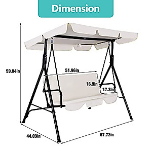 Funny Sunny Outdoor Patio Swing Chair with Canopy,3 Seater Porch Swing Chair with Adjustable Canopy and Removable Cushion for Patio Garden Poolside Balcony Backyard, White