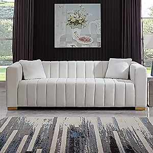 Familymill 87'' Modern Premium Velvet 3-Seater Sofa Couch with Metal Base Legs and 2 Pillows for Living Room/Bedroom, Ivory White