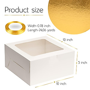 BELMAKS 10 Inch Cake Box Set – Disposable Cake Containers with Lids and Gold Ribbon Bakery Boxes with Window Tall Cake Boxes 10 Inch and 10 Inch Cake Drum Paper Box for Cake with Ribbon and Cake Board