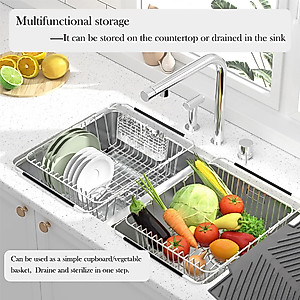 YEECOPON Dish Rack in Sink, Expandable Over The Sink Dish Drying Rack with Utensil Holder and Silicone Drainage pad (Small + 16" Silicone pad)