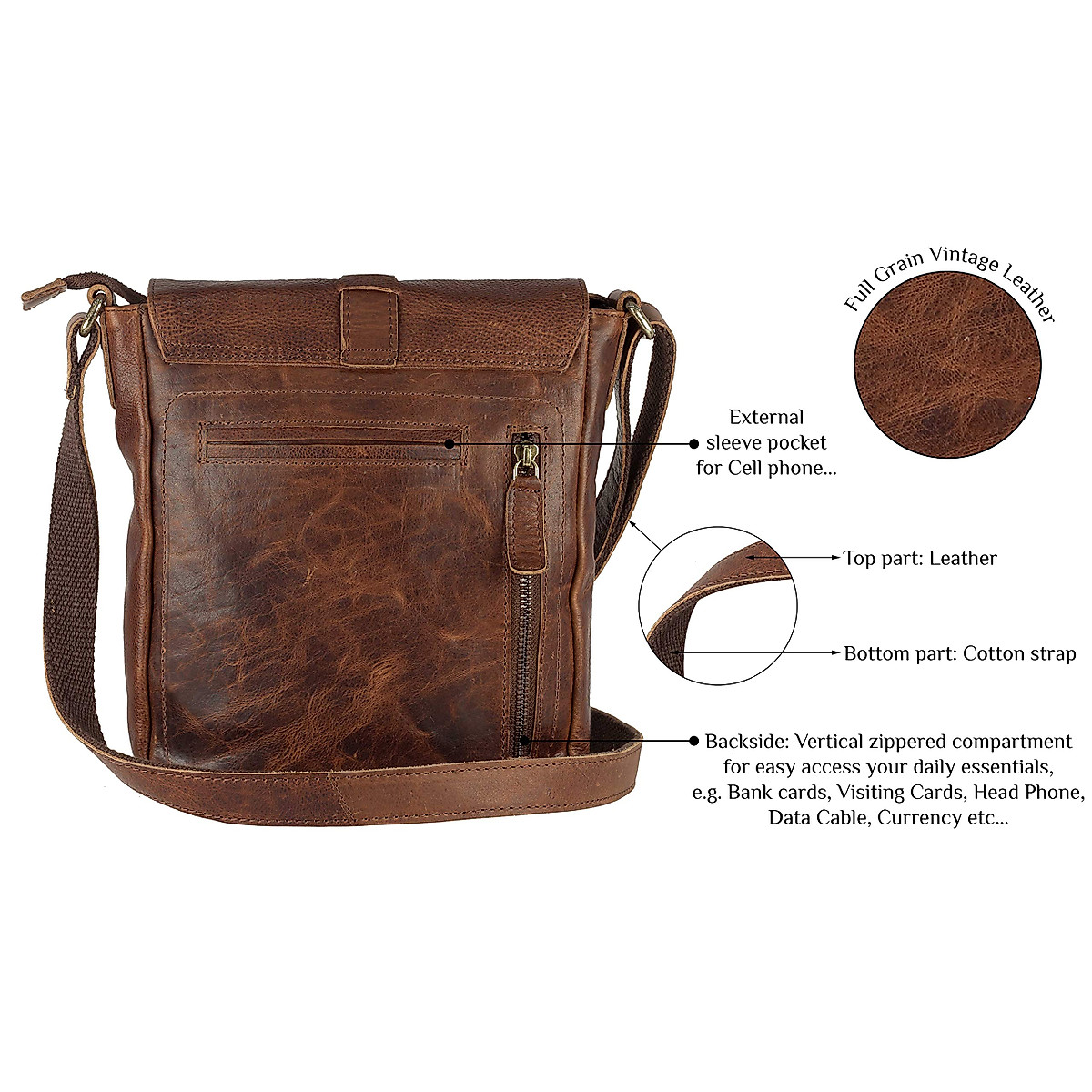 Mou Meraki Genuine Leather Brown Crossbody Purse and Handbags - Crossover Bag Over the Shoulder