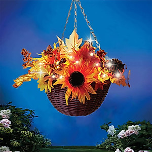 ELFENGARDEN Sunflower Hanging Basket Decorative Indoor Outdoor - Basket with Artificial Daisy Hanging Plant for Living Room Home Office Garden - 10 LEDs Light Up Autumn Flower Hanging Basket