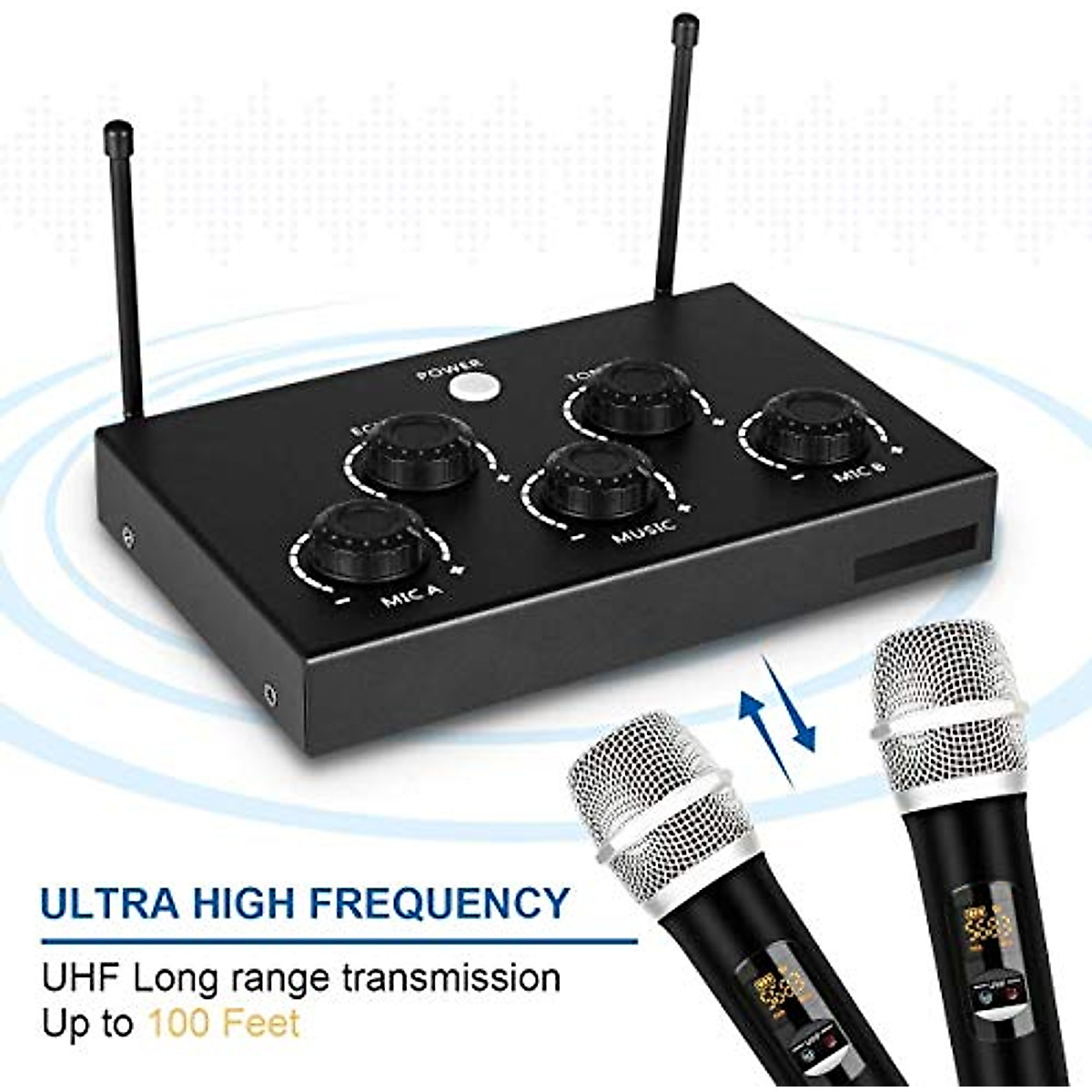 Portable Karaoke Microphone Mixer System Set with Dual UHF Wireless Mic, 3.5mm AUX/Optical/Coaxial in Singing Receiver for KTV, Amplifier, Speaker