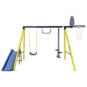 Tidyard 5 in 1 Outdoor Swing Set for Backyard, Playground Swing Sets with Steel Frame, Swing Silde Playset for Kids with Seesaw Swing, Basketball Hoop