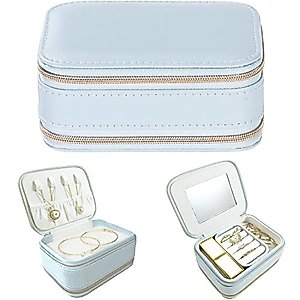 GASVAHA Small Jewelry Box Travel Jewelry Organizer: Travel Jewelry Case Jewelry Box Organizer for Women Girls, Cute Leather Jewelry Display Box Jewelry Bag for Rings Necklace Light Blue