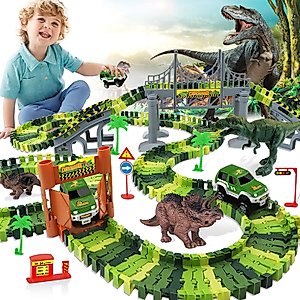 Dinosaur Toys for 3 4 5 6 7 8+ Year Old Boys Girls Kids,Dinosaur Tracks Race Car Toys for Kids Age 3-5, Create A Dinosaur World Road Race with Flexible Tracks Playset for Christmas Birthday Gifts
