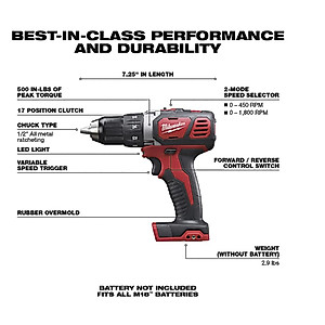 Milwaukee M18 Li-Ion Cordless Compact Electric Drill Driver — Tool Only, 1/2in. Keyless Chuck, 500 In./Lbs. Torque, 1800 RPM