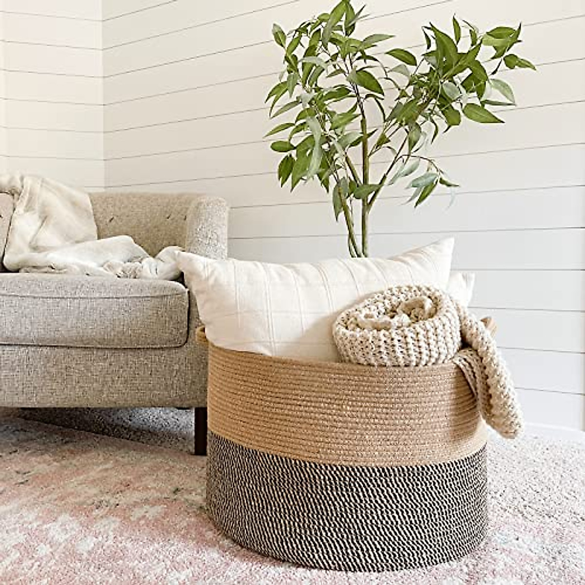 INDRESSME Extra Large Woven Baskets for Storage, 21.7 x 13.8 Blanket Basket Wicker Laundry Basket for Organizing Toy Pillow Shoe for Entryway &Living Room , Black Jute