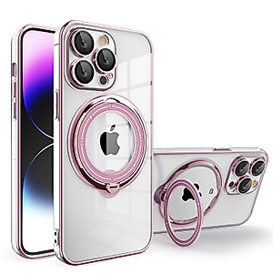 Misscase Magnetic Glitter for iPhone 14 Pro Max Case Compatible with MagSafe,Full Protection Slim Rotatable Ring Holder Kickstand Shockproof Anti-Scratch Case with Camera Lens Protector Pink