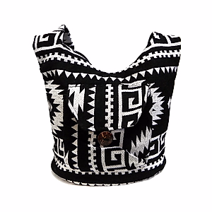 Large Aztec Tribal Print Pattern Material Lightweight Hobo Purse Crossbody Sling Bag - Womens Handmade Boho Accessories (Black/White)