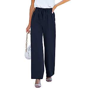 GRAPENT Women's Summer Business Casual Wide Leg Pleated Front Navy Blue Pants Size L