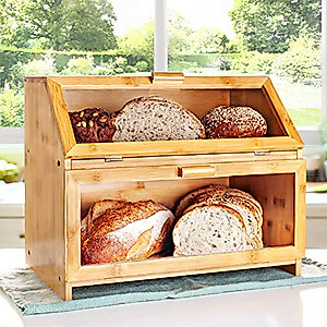 Laura's Green Kitchen Bamboo Bread Box for Kitchen Counter - Double Layer Bread Storage with Clear Windows - Rustic Farmhouse Style Bread Bin (Self-Assembly)