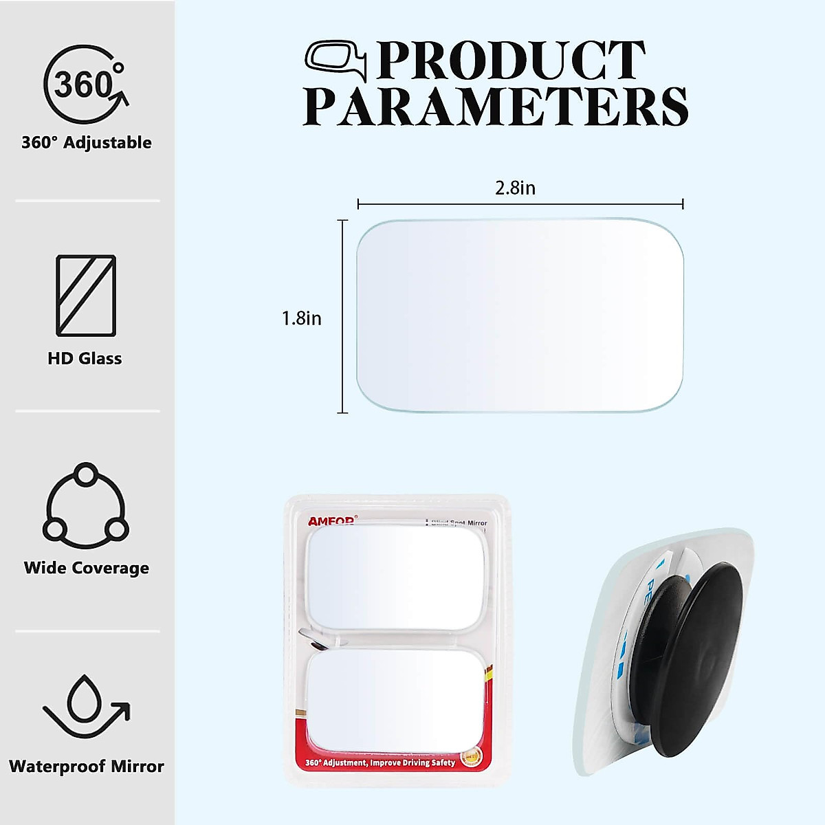 Blind Spot Mirror, Amfor HD Glass Convex Lens Frameless Adjustable Blind Spot Mirror for All Universal Vehicles Car Stick-on Design (2 PCS) (Rectangle)