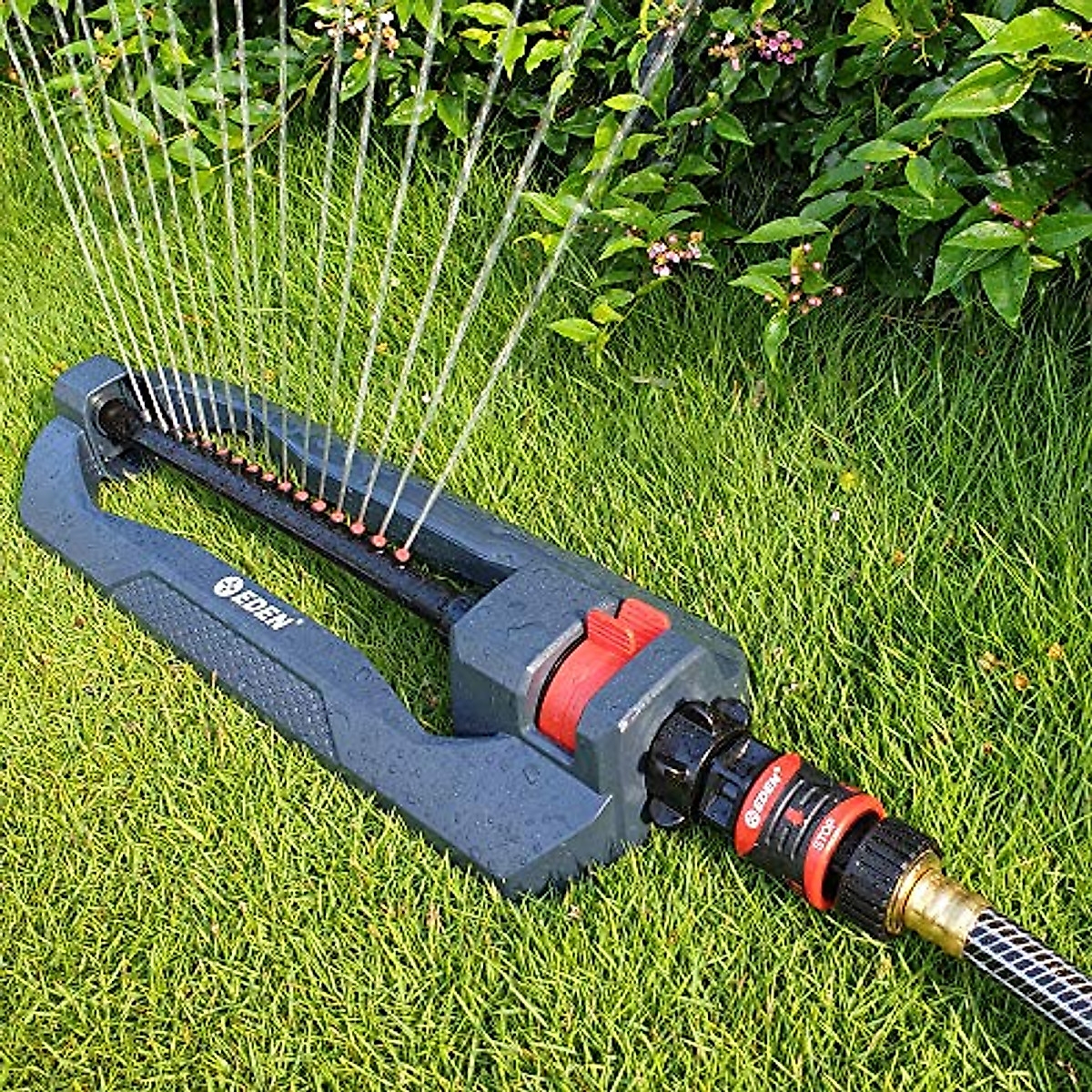 Eden 94113 Lawn & Garden Essential Oscillating Water Sprinkler For Yard W/Quick Connect Starter Set, 16 Nozzles, Covers up to 3,600 sq. ft, Heavy Weight Base