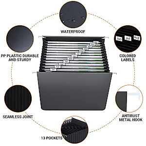 TOPCJ Black Hanging File Folders,Expanding File Organizer,File Cabinet Letter Size,13 Innovative Accordion Pockets,Monthly Tabs,Large Capacity, Durable Plastic Desk Organizer 2 Black