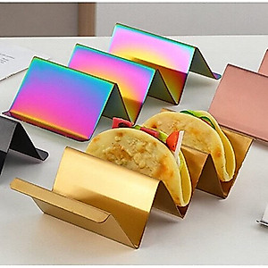 JYJFGSFA 4 Pcs Gold Taco Holders Set with 1 Food Tong, Stainless Steel Taco Stand with Handles for Party, Holds Up to 3 Tacos Each, Dishwasher Oven safe