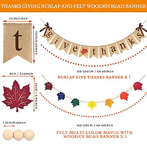 Give Thanks Banner, 2 Pcs Thanksgiving Burlap Bunting with Bows and Felt Fall Leaves Wood Bead Garland Autumn Maple Friendsgiving Decorations for Fireplace Mantel Office Classroom Party Hanging Decor