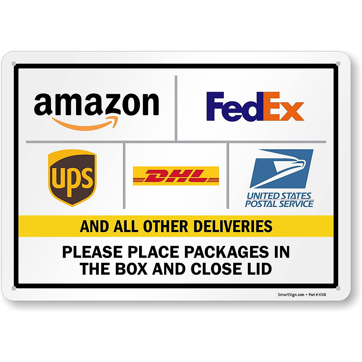SmartSign 10 x 14 inch “Please Leave Packages in The Box and Close Lid” Metal Sign with Delivery Logos, 40 mil Laminated Rustproof Aluminum, Multicolor, Made in USA
