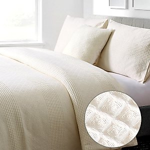 YINFUNG Waffle Duvet Cover 100% Cottton Cream Queen Waffle Weave Textured Off White Ivory Striped Tufted Geometric Bedding Set Luxury Hotel 90x90