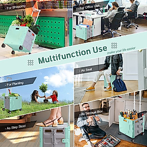 FELICON Folding Utility Cart Portable Rolling Crate Handcart with Durable Heavy Duty Plastic Telescoping Handle Collapsible Hidden Lid 4 Rotate Wheels for Travel Shop Move Office Teacher(Green&Gray)